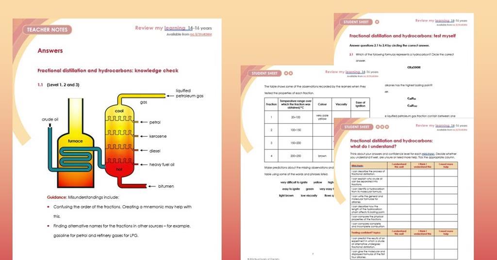 Fractional distillation and hydrocarbons | Review my learning worksheets | 14–16 years ...